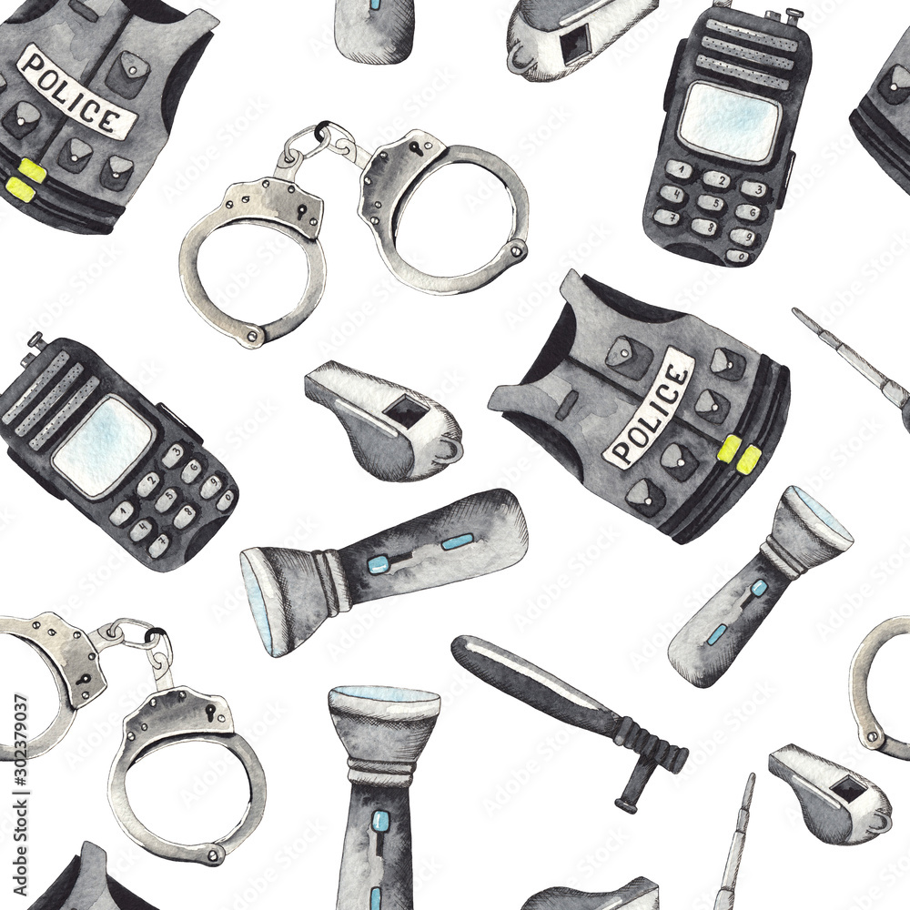 Watercolor cartoon cute seamless pattern Police illustration. Police ...