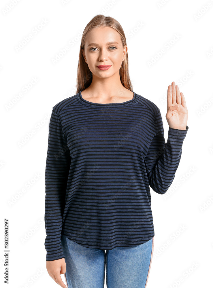 Young deaf mute woman using sign language on white background Stock ...