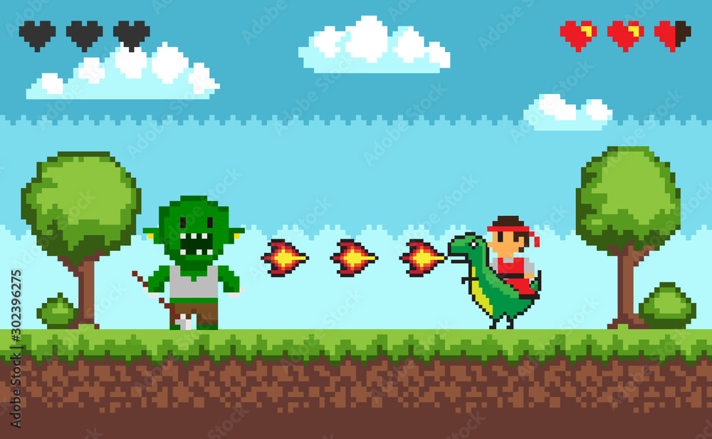 Computer pixel game interface, personage cavalier saddle astride a ...