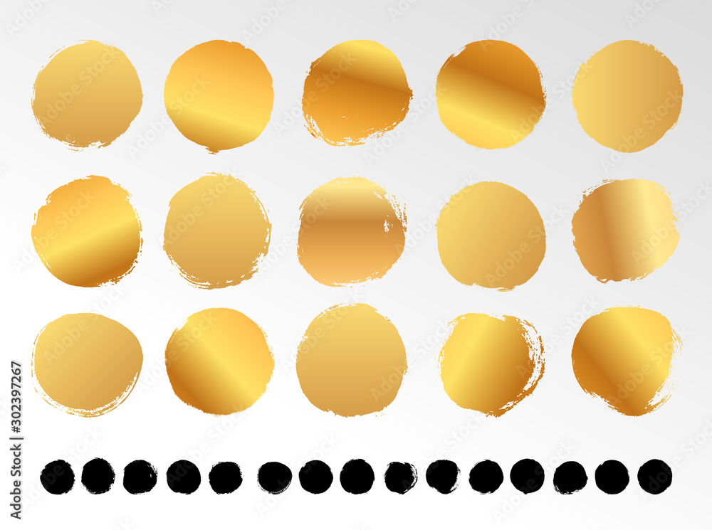 Set of round button. Hand painted ink blob. Hand drawn grunge gold ...