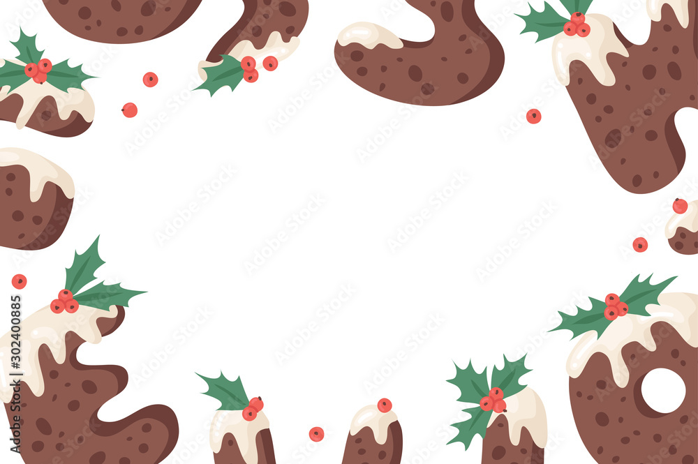 Cartoon vector illustration Christmas Pudding. Hand drawn frame with ...