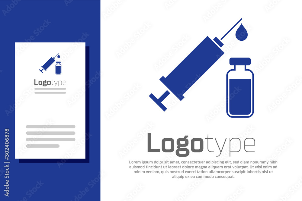 Blue Medical syringe with needle and vial or ampoule icon isolated on ...
