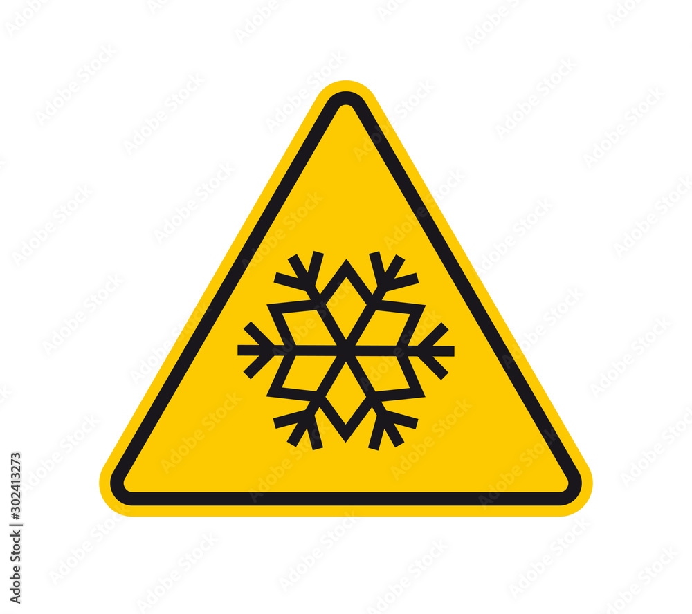 Vector yellow triangle sign - black silhouette snowflake. Isolated on ...