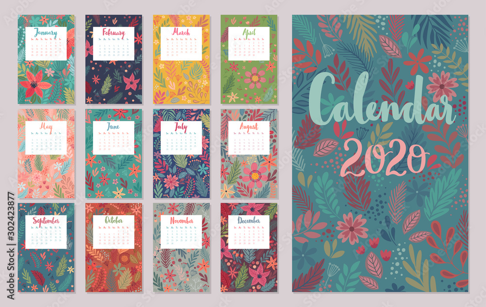 Calendar 2020. Monthly calendar with floral patterns. Hand drawn Stock ...