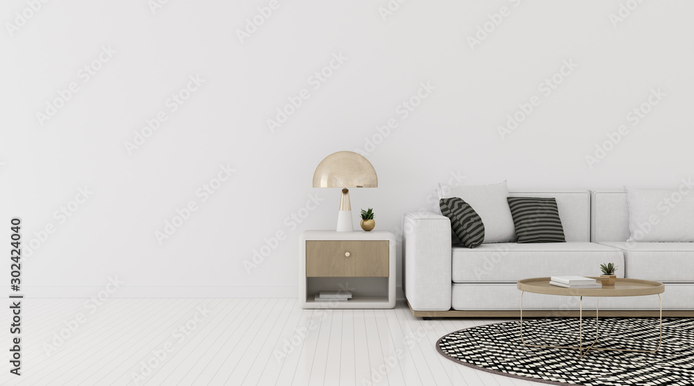 View of living room space with sofa and round side table on empty wall ...