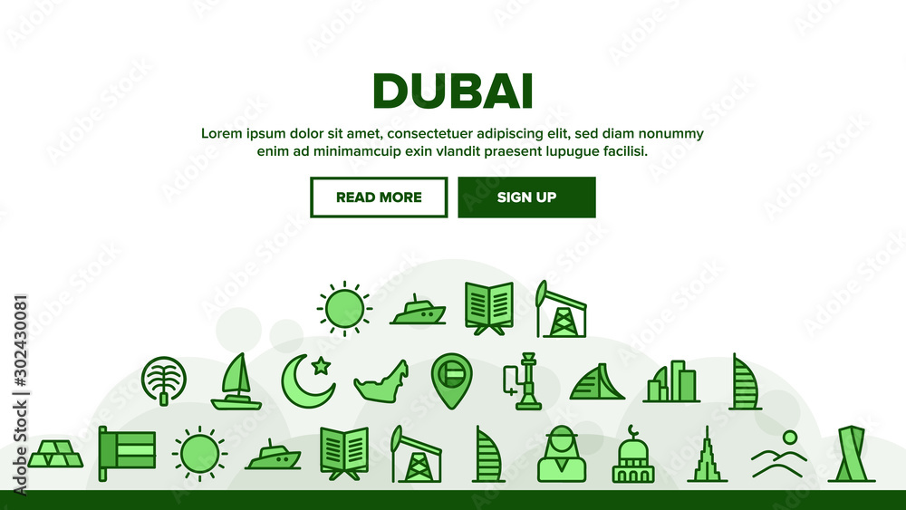Dubai Landing Web Page Header Banner Template Vector. Sun And Desert ...