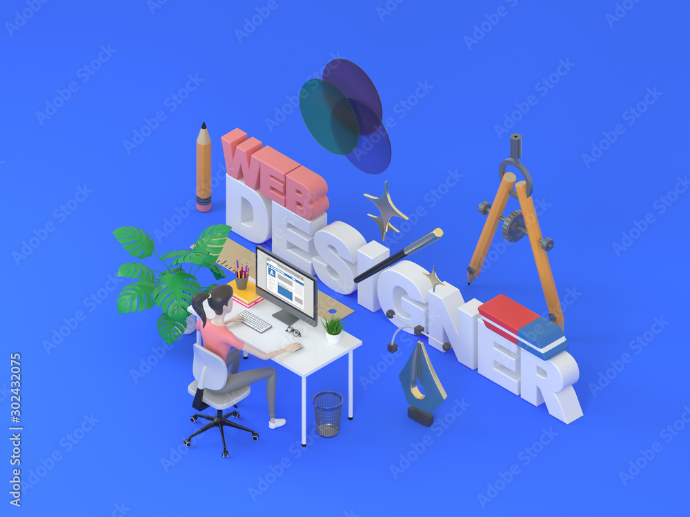 Female web interface developer sitting at a table on blue background ...