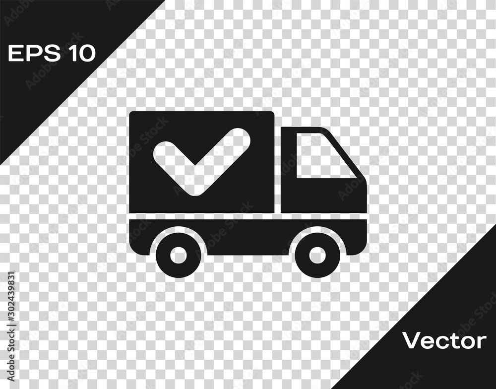 Grey Delivery truck with check mark icon isolated on transparent ...