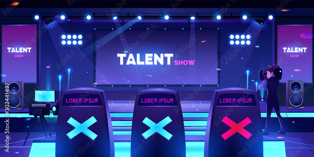 Talent show stage with jury chairs rear view, empty scene with neon ...