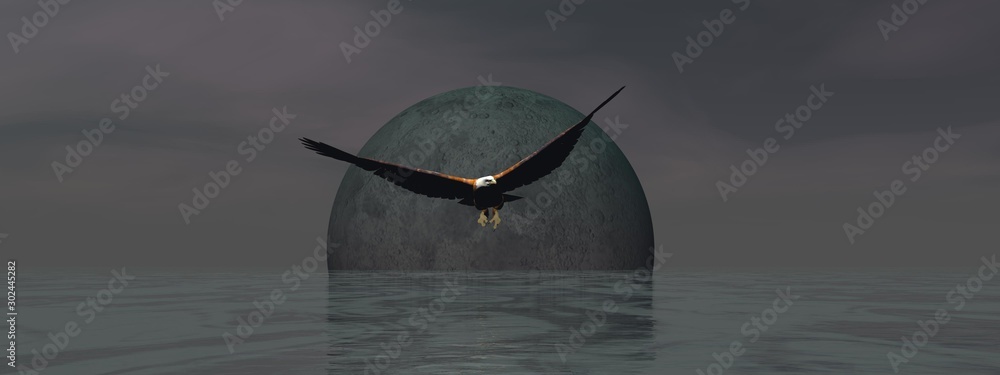 flying an eagle with a beautiful full moon landscape - 3d rendering ...