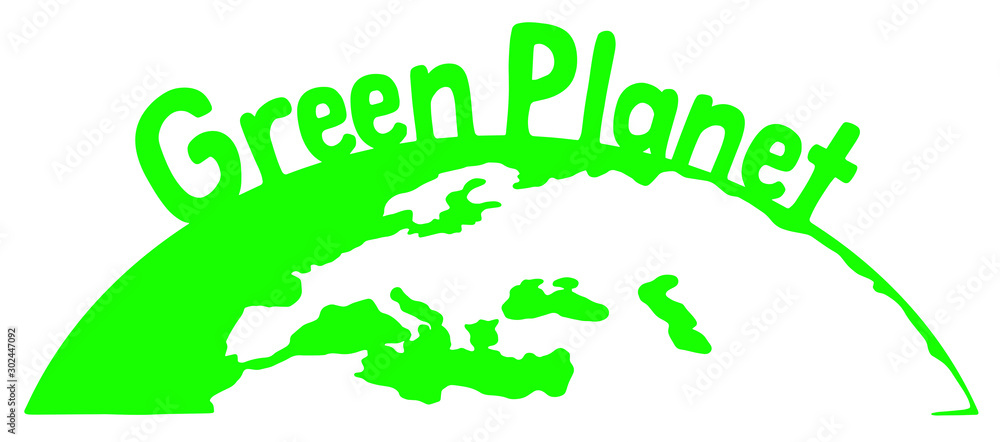 Green planet writing above the drawing of the planet Earth. Simple hand ...
