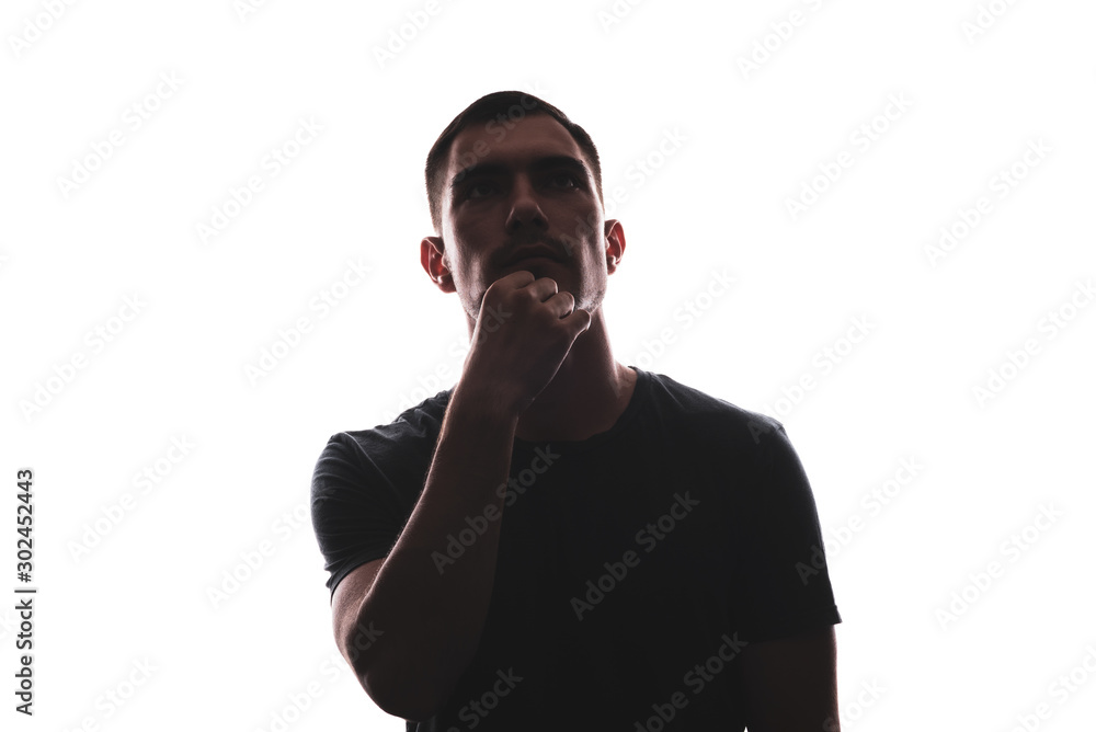 Silhouette of portrait of thinking man in full face looking up ...