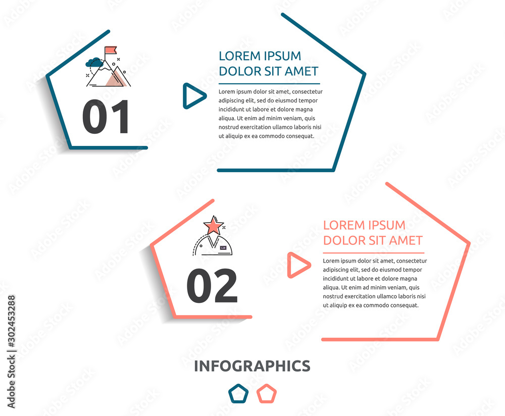 Vector flat infographic template. Line pentagon with text and icons for two diagrams, graph ...