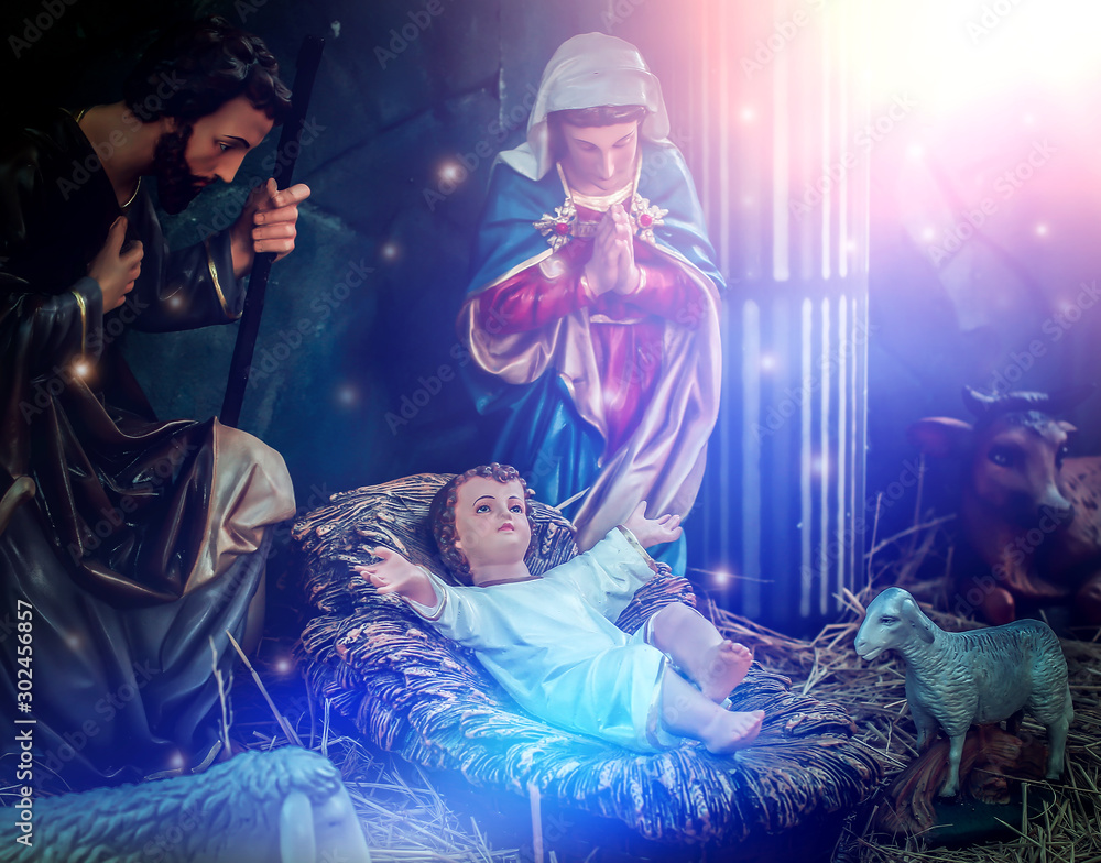 Traditional Christmas scenes and sacred light shining for use in ...