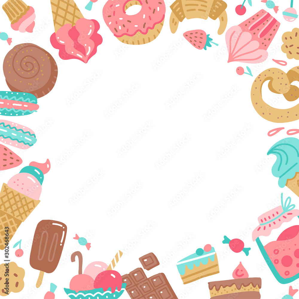 Hand drawn colorful round frame of sweet candies. Set of Ice cream ...