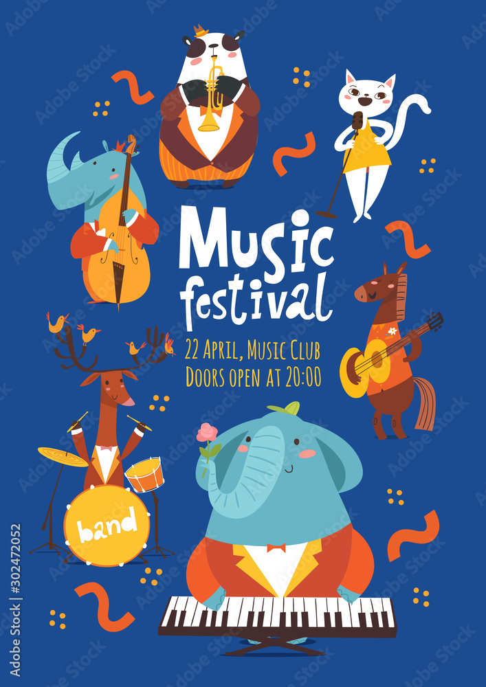Vector music festival poster design with cartoon animals playing music ...