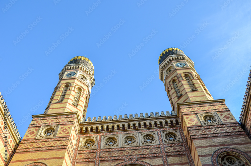Front side facade of the Great Synagogue in Hungarian Budapest. Dohany ...