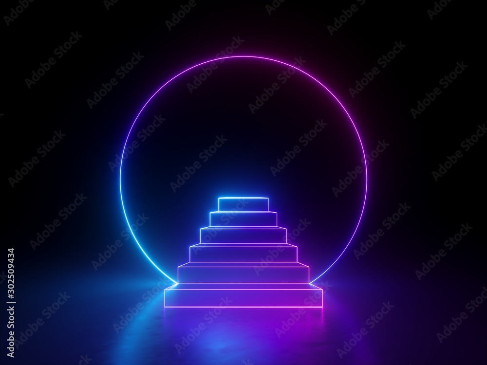 3d abstract neon ring and steps isolated on black background ...