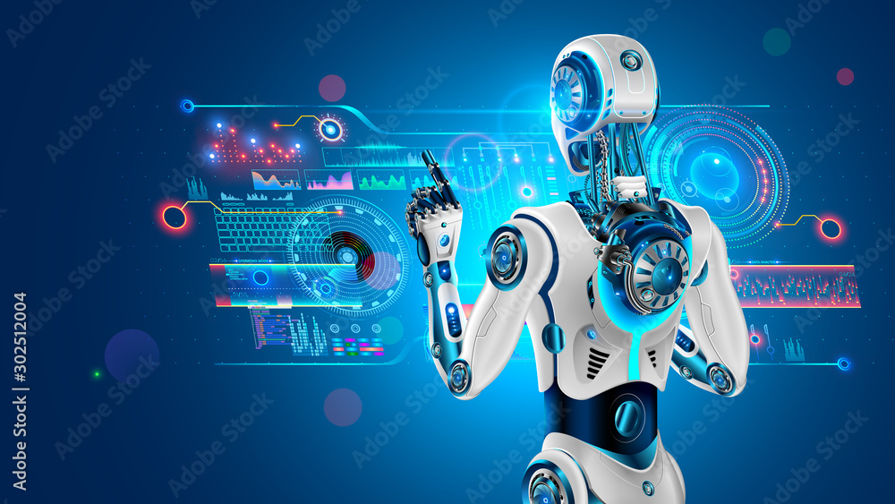 Robot with AI stands with back to viewer and works with industrial 3d ...
