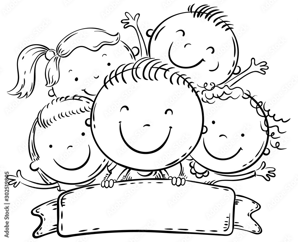 Happy kids with a copy space, black and white cartoon illustration ...