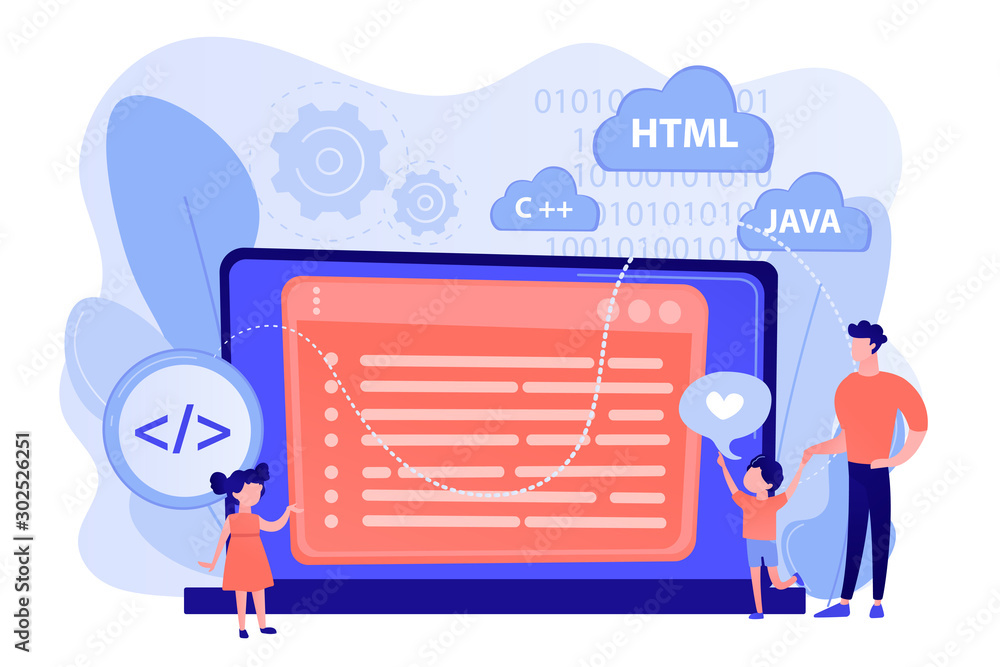 Tiny people, happy kids learning programming on huge laptop. Computer ...