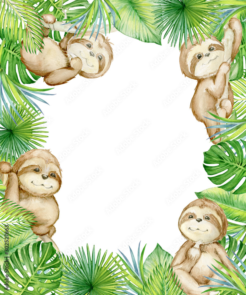 Cute sloths. Sloths hang, sit, lie. Sloths surrounded by tropical ...