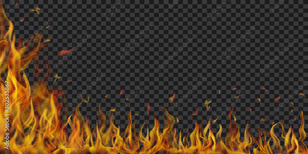 Translucent fire flames and sparks on transparent background. For used ...