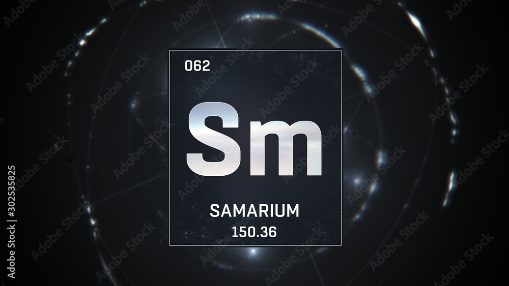 3D illustration of Samarium as Element 62 of the Periodic Table. Silver ...