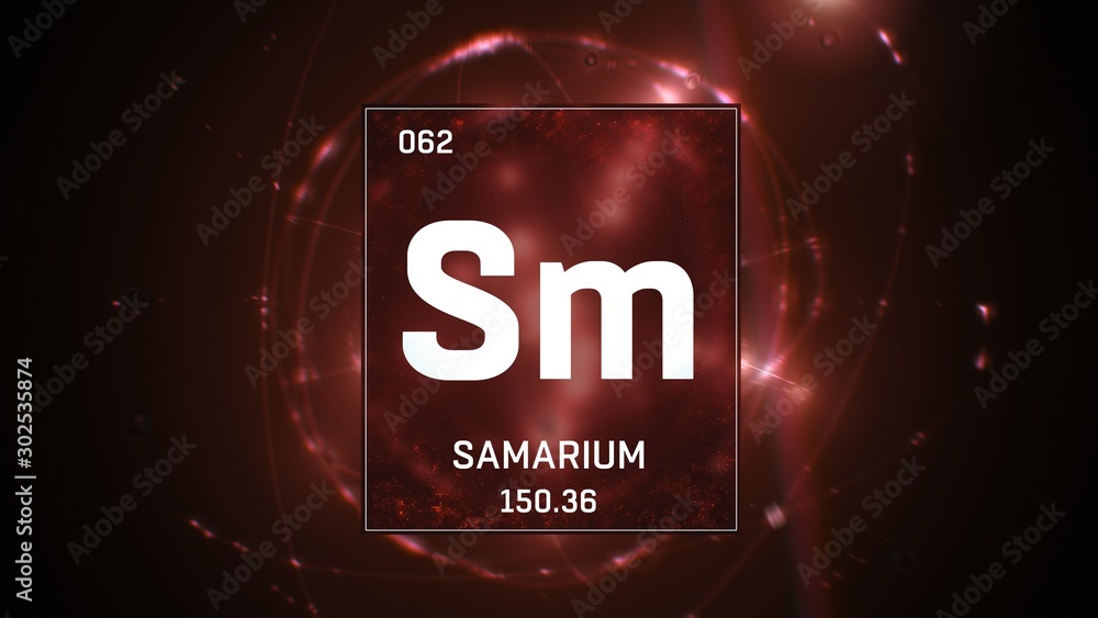 3D illustration of Samarium as Element 62 of the Periodic Table. Red ...