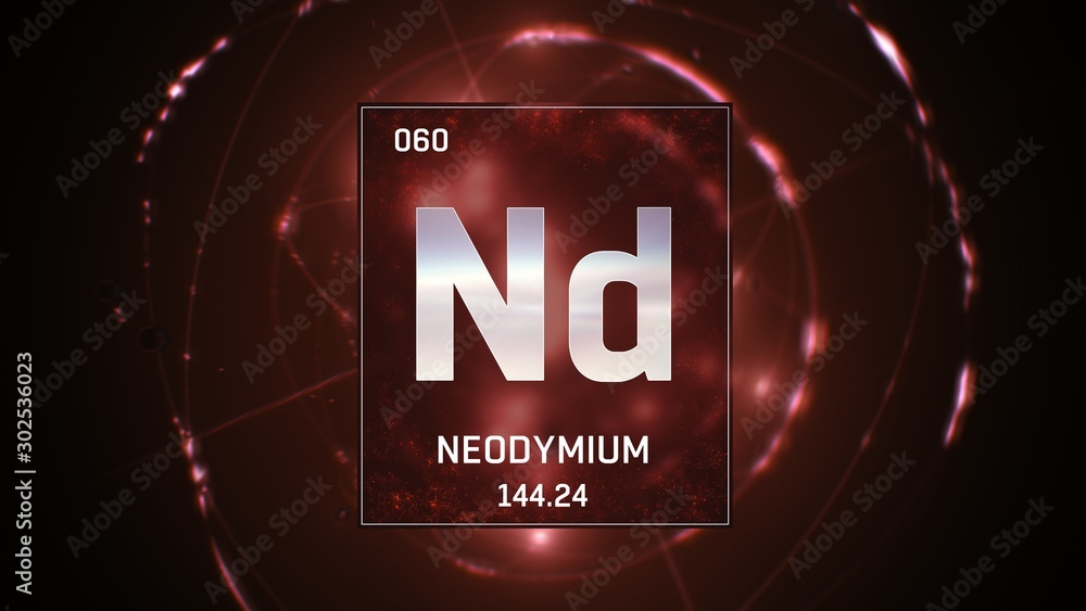 3D illustration of Neodymium as Element 60 of the Periodic Table. Red ...