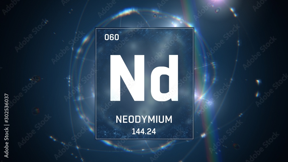 3D illustration of Neodymium as Element 60 of the Periodic Table. Blue ...
