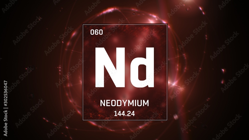 3D illustration of Neodymium as Element 60 of the Periodic Table. Red ...