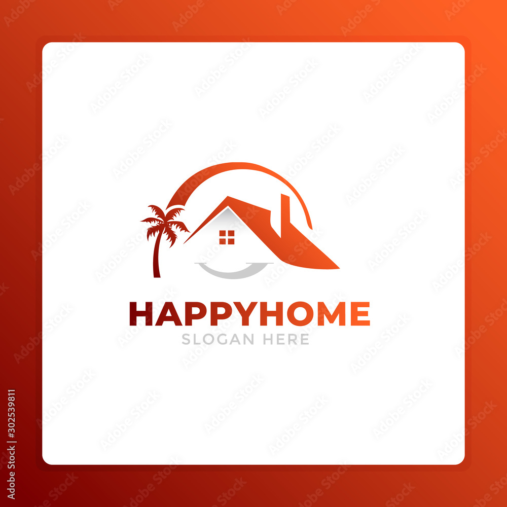 Happy home is a real estate logo with a palm tree and a smiling house ...