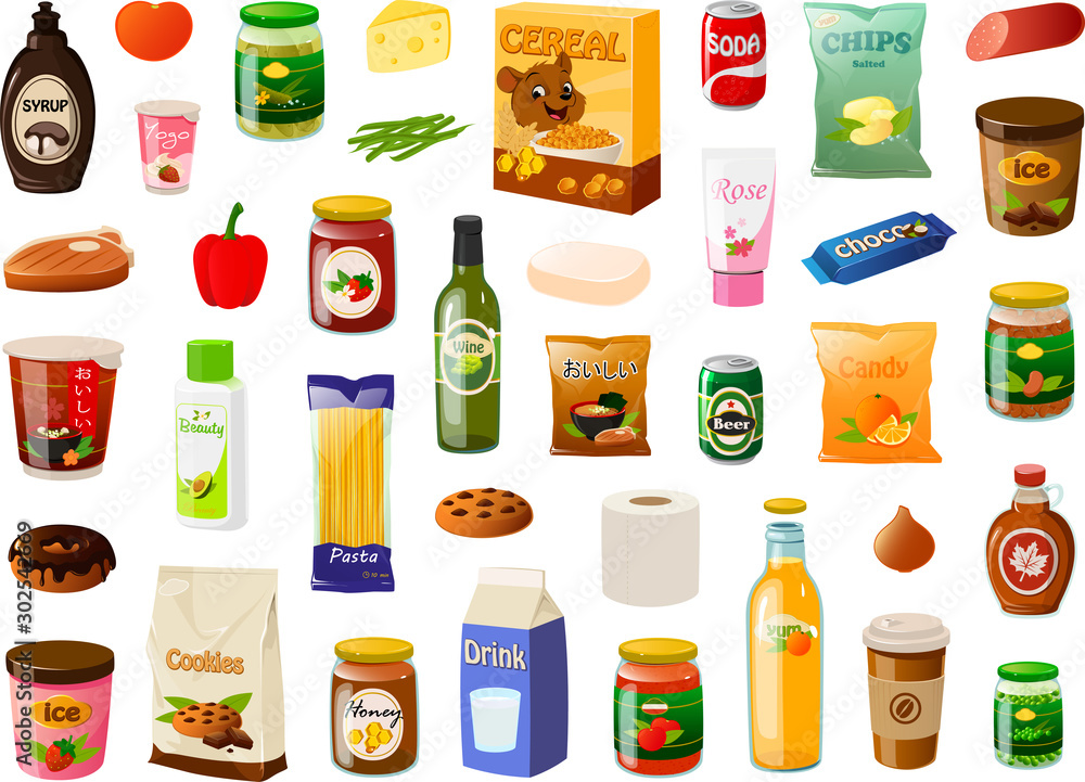 Vector illustration of various everyday pantry grocery shopping food ...