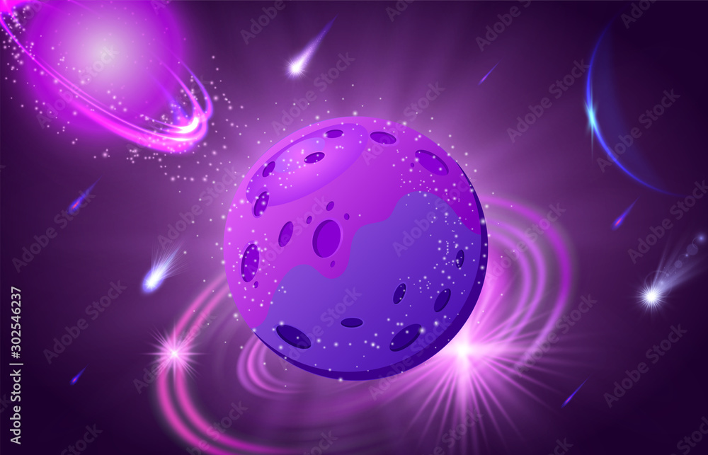 Interstellar cartoon landscape with glowing stars and planets on dark ...