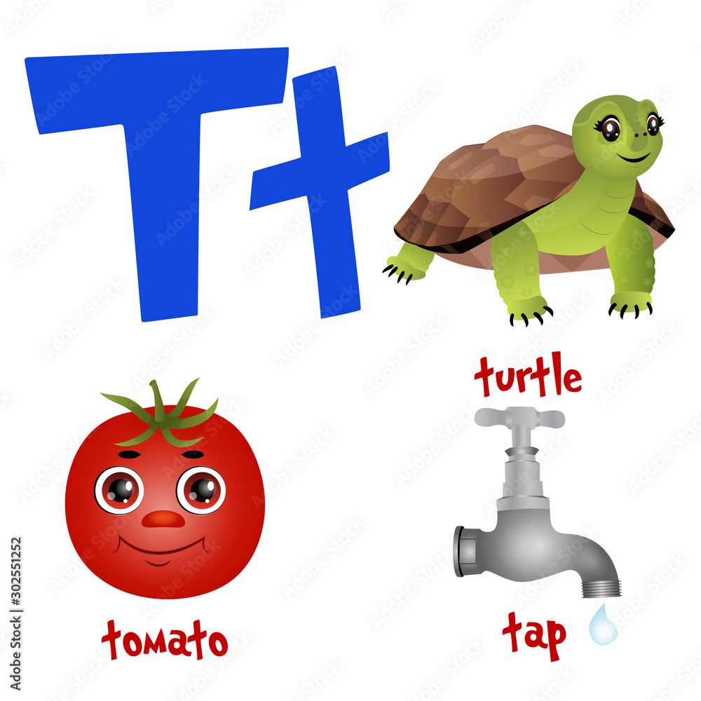 Vector cute kids cartoon alphabet. Letter T with turtle, tomato and tap ...