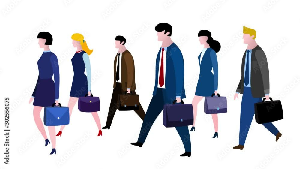 A group of cartoon business people walking. Business team characters ...