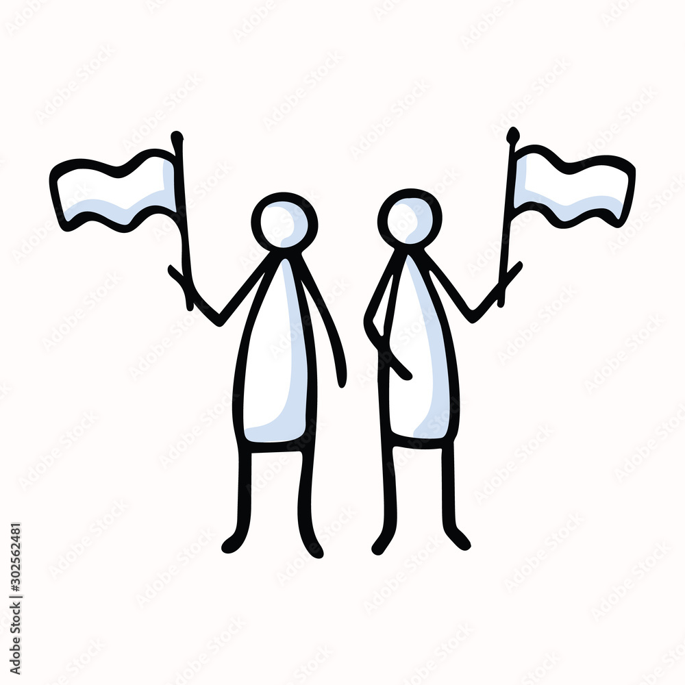 Two Stick Figure People Waving Flag. Hand Drawn Isolated Human Doodle ...