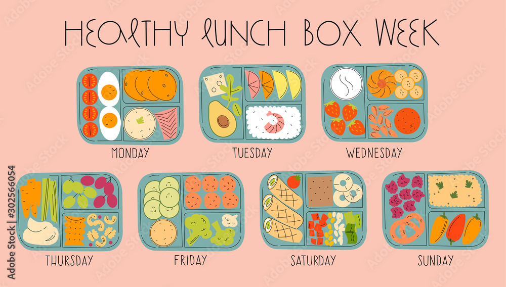 Healthy lunch box ideas for the week. Vector illustration set Stock ...
