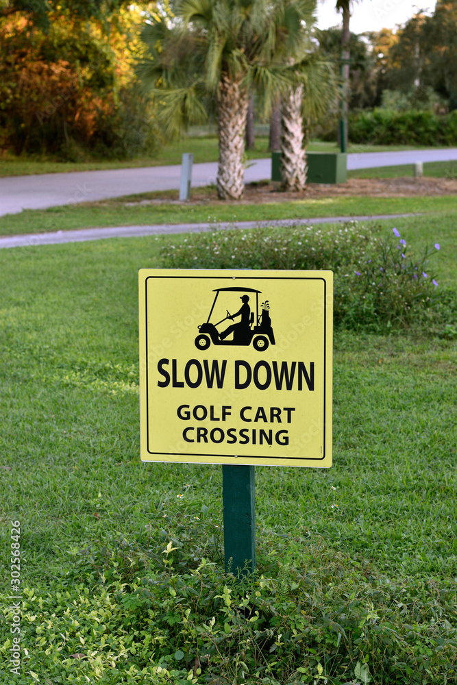 Slow Down Golf Cart Crossing Sign Stock Photo | Adobe Stock