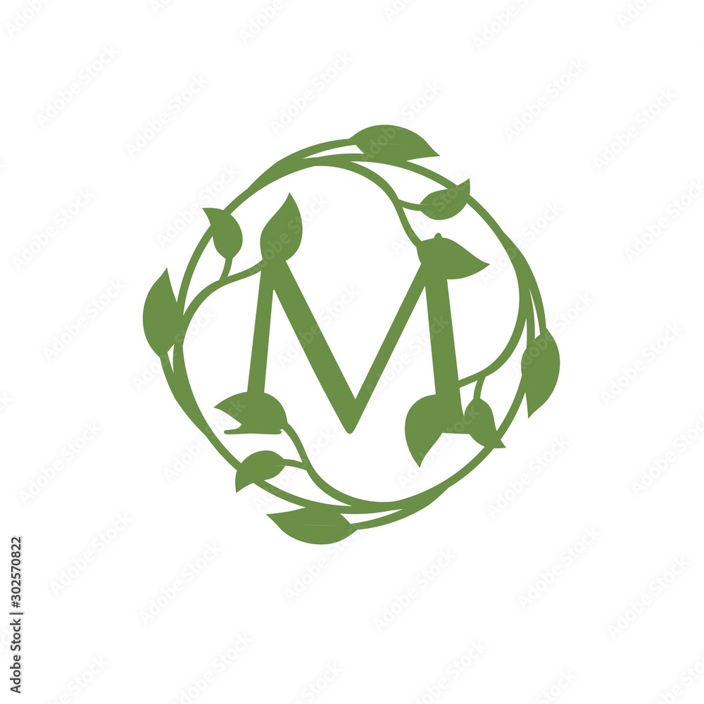 initial letter M with circle green leaf vector illustration Stock ...