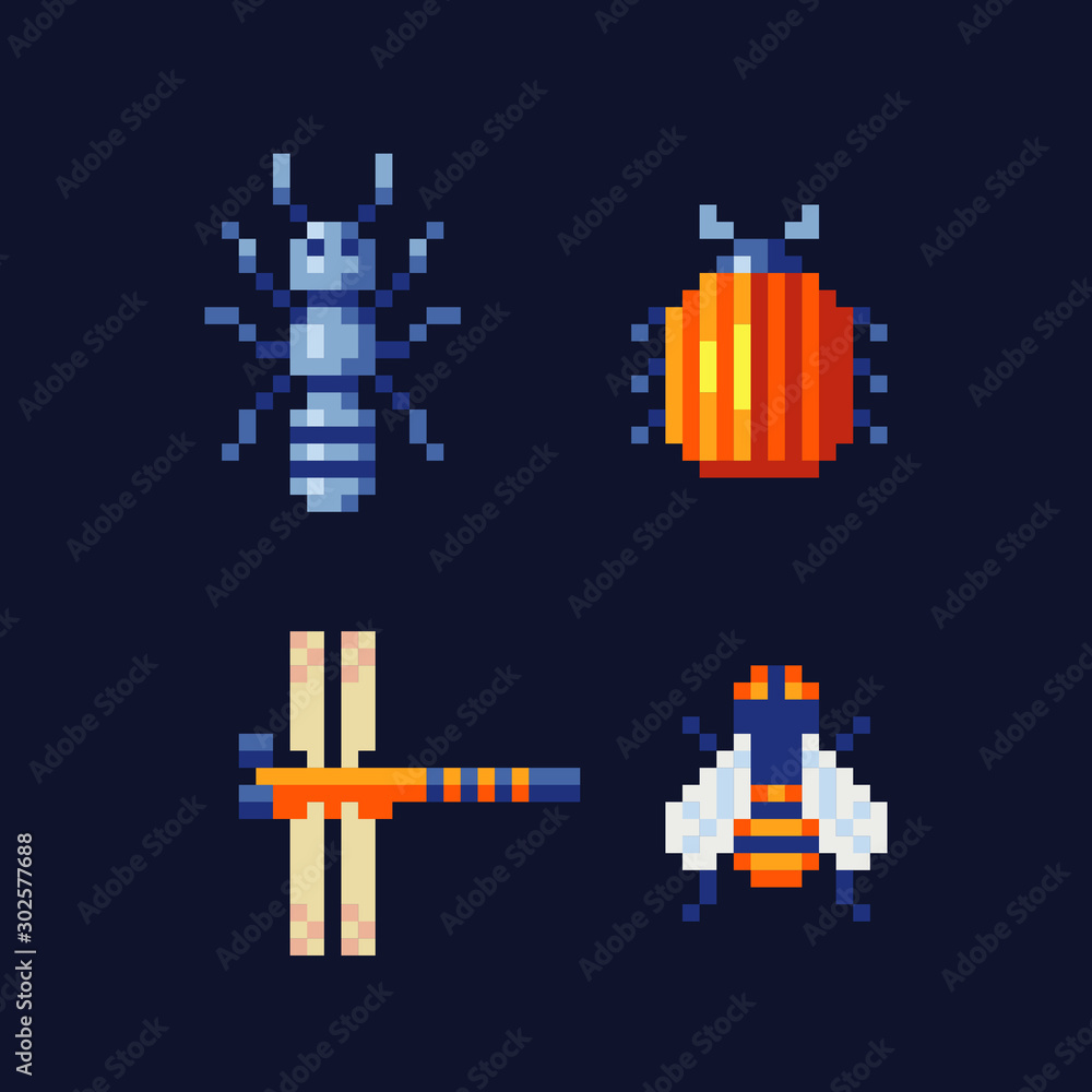Insects pixel art icon set ant, bug, colorado beetle, dragonfly, bee ...