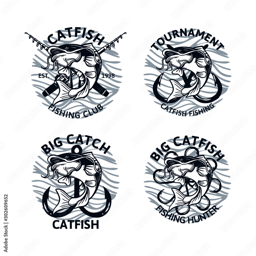 set of catfish fishing logo club tournament big catch, vintage emblem ...