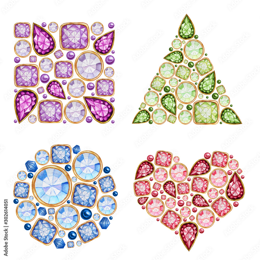 Beautiful bright jewelry shape set. Watercolor triangle heart square ...