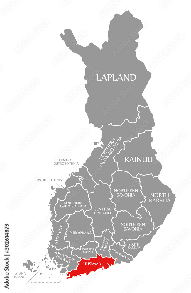 Uusimaa red highlighted in map of Finland Stock Illustration | Adobe Stock