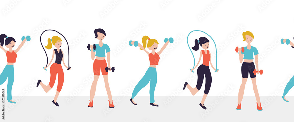 Women fitness workout exercises seamless vector border. Illustration ...