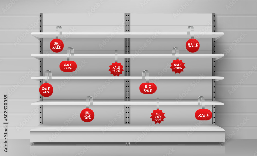 White empty retail department shelves with red wobblers. Vector ...