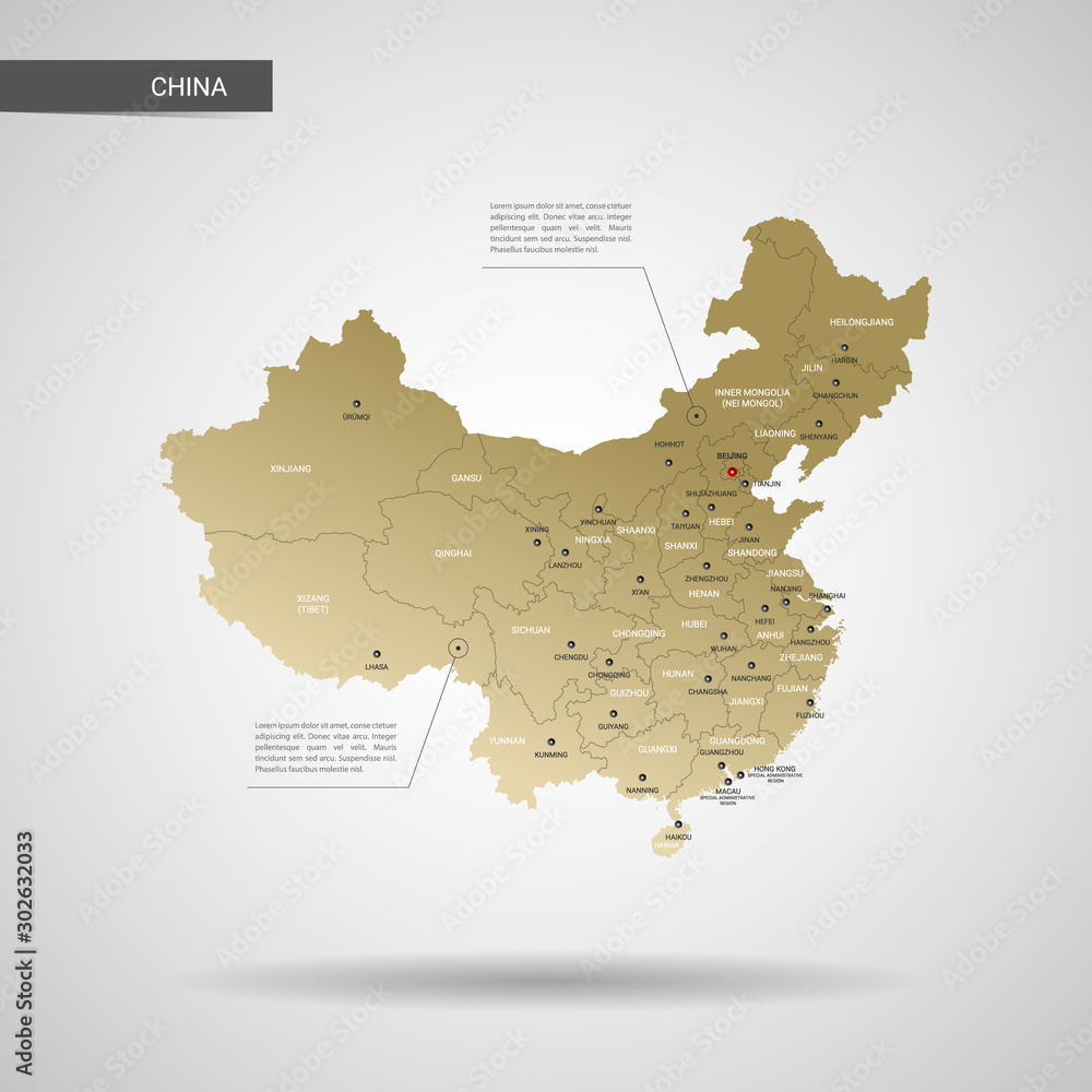 Stylized vector China map. Infographic 3d gold map illustration with ...