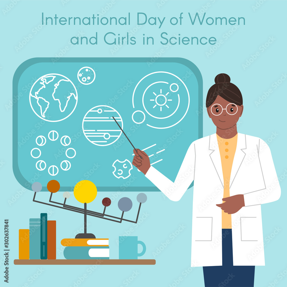 Female astronomer with a pointer. International Day of Women and Girls ...