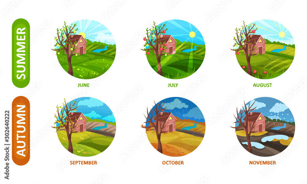 Icons Of Six Months Of The Year, Autumn And Summer Seasons Vector ...